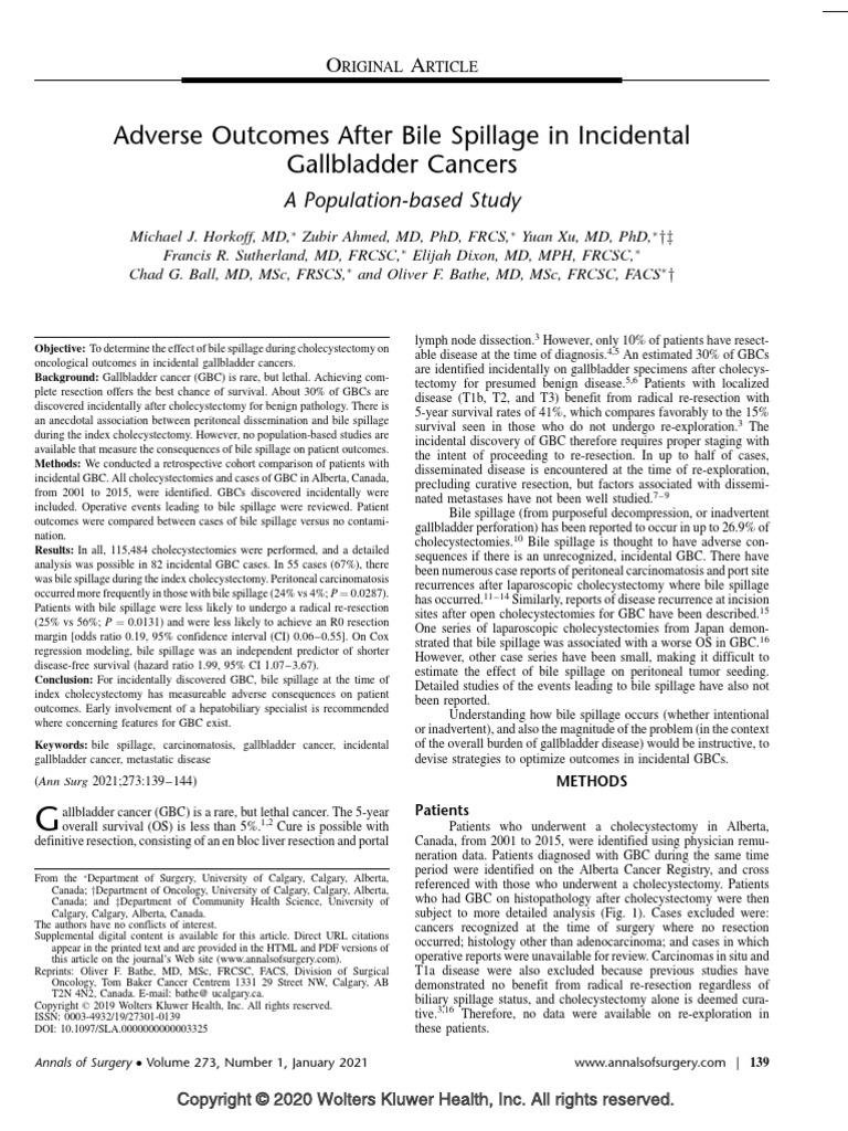 Adverse Outcomes After Bile Spillage in Incidental.21 | PDF