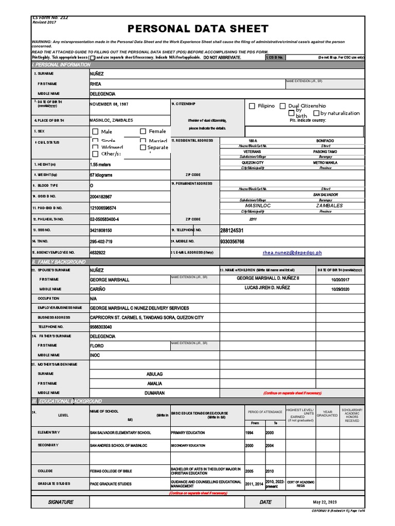 Cs Form No. 212 PDS May 22 2023 | PDF