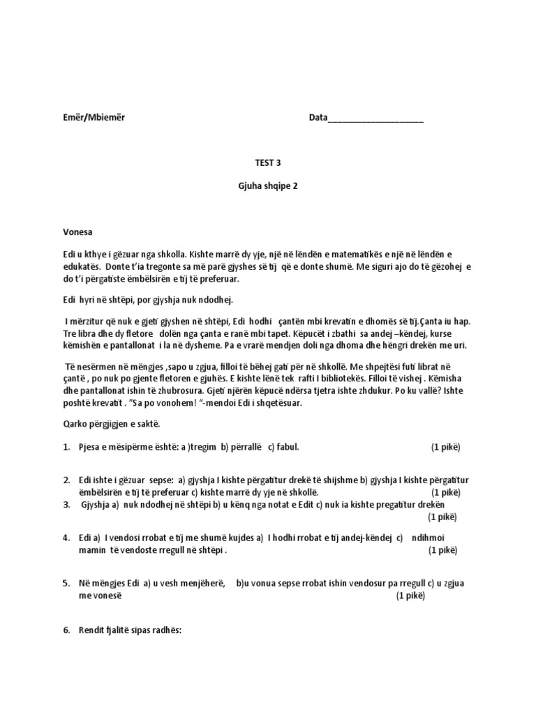 Gjuha Shqipe 2 - Test 2 | PDF