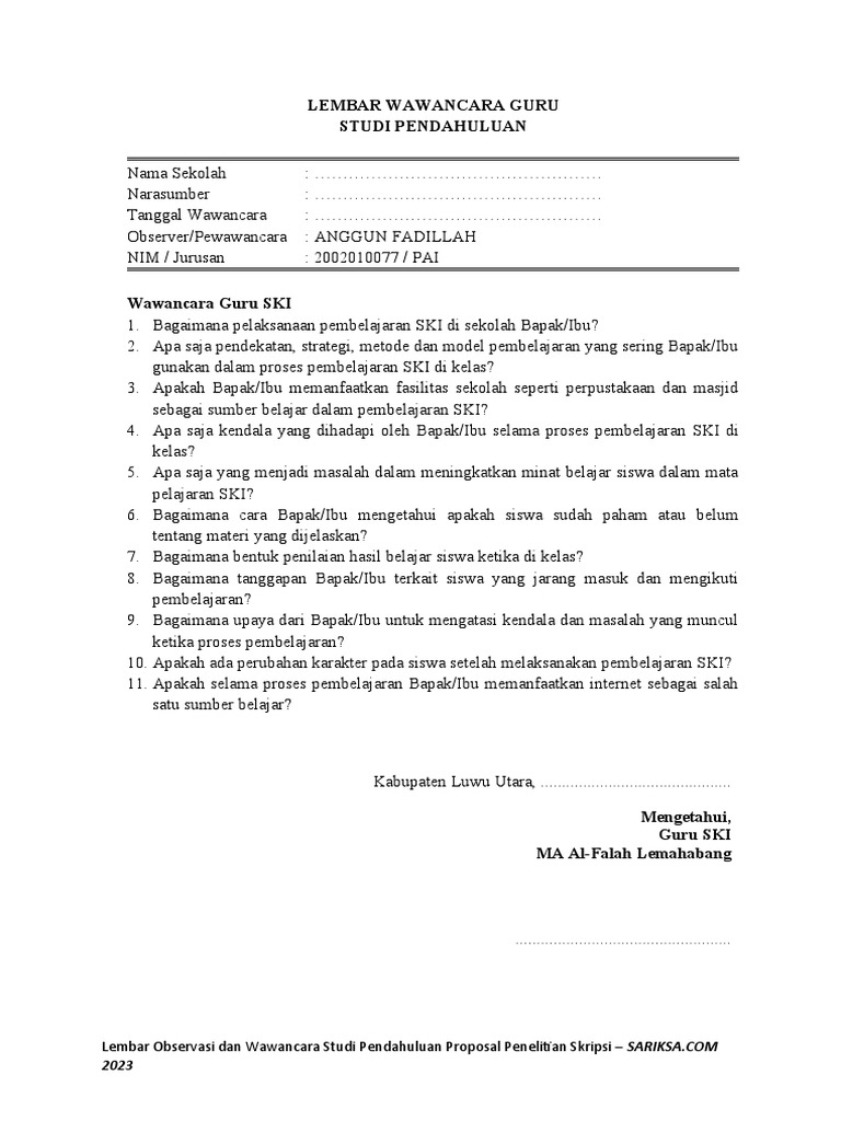 Lembar Observasi Dan Wawancara Anggun | PDF