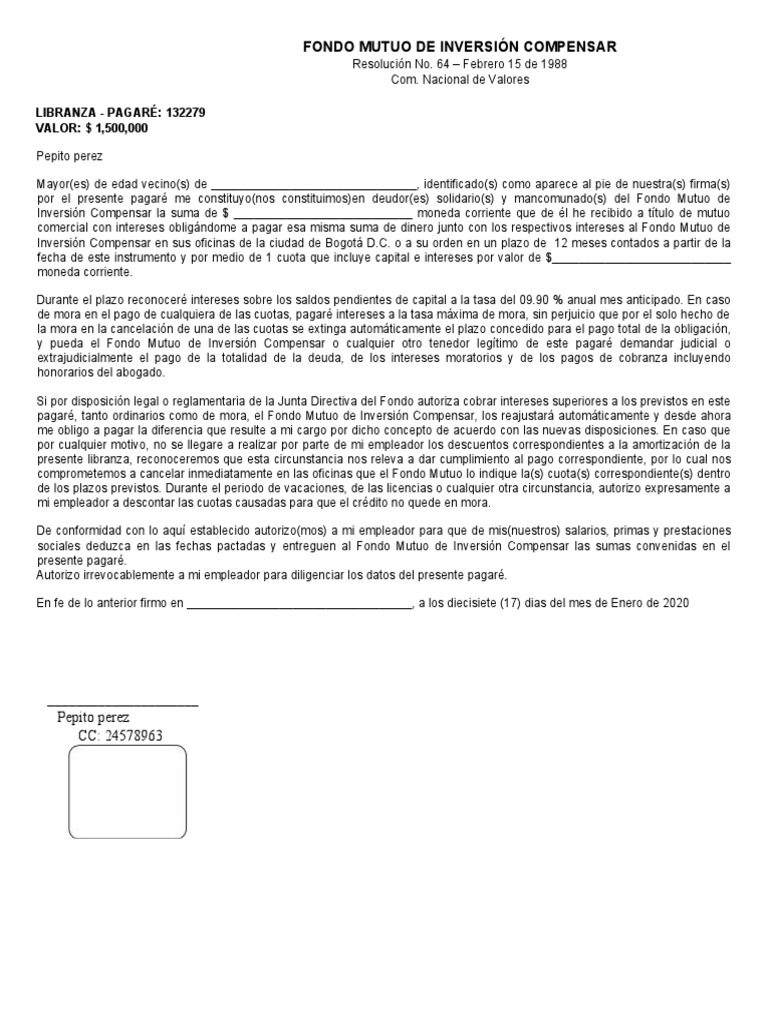 Pagaré Fondo Mutuo Inversión Compensar | PDF | Interés | Economias