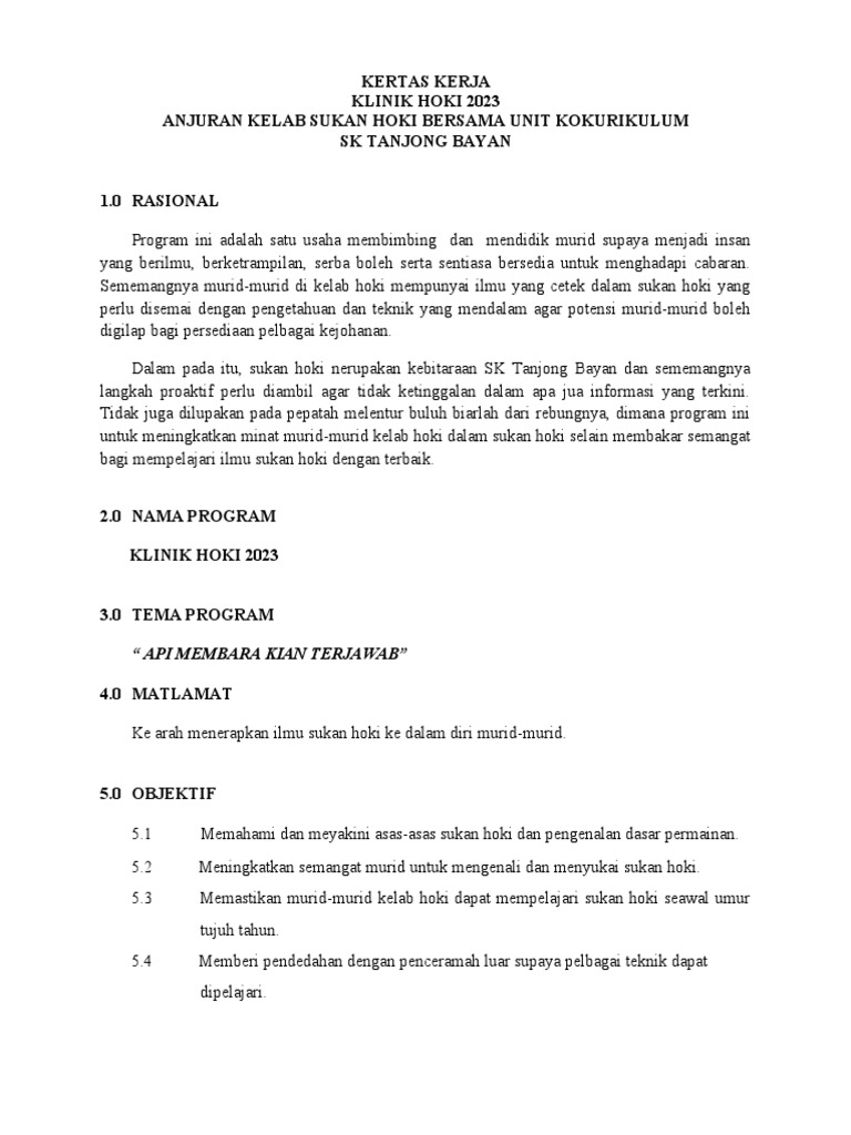 Kertas Kerja Klinik Hoki 2023 | PDF
