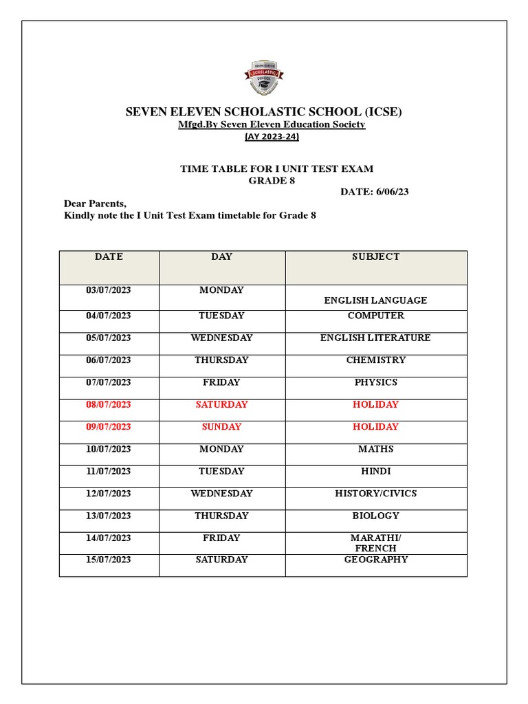 1st UT TIME TABLE OF GRADE 8 2023-24 | PDF