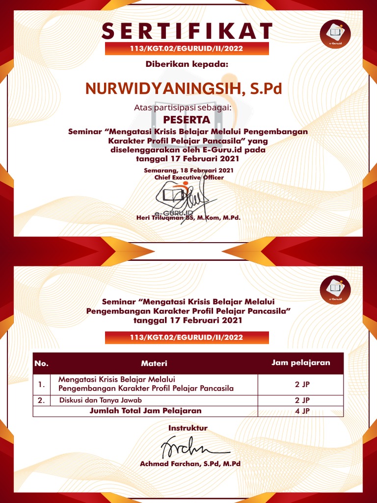 Sertifikat Seminar 4 JP Pelajar Pancasila | PDF