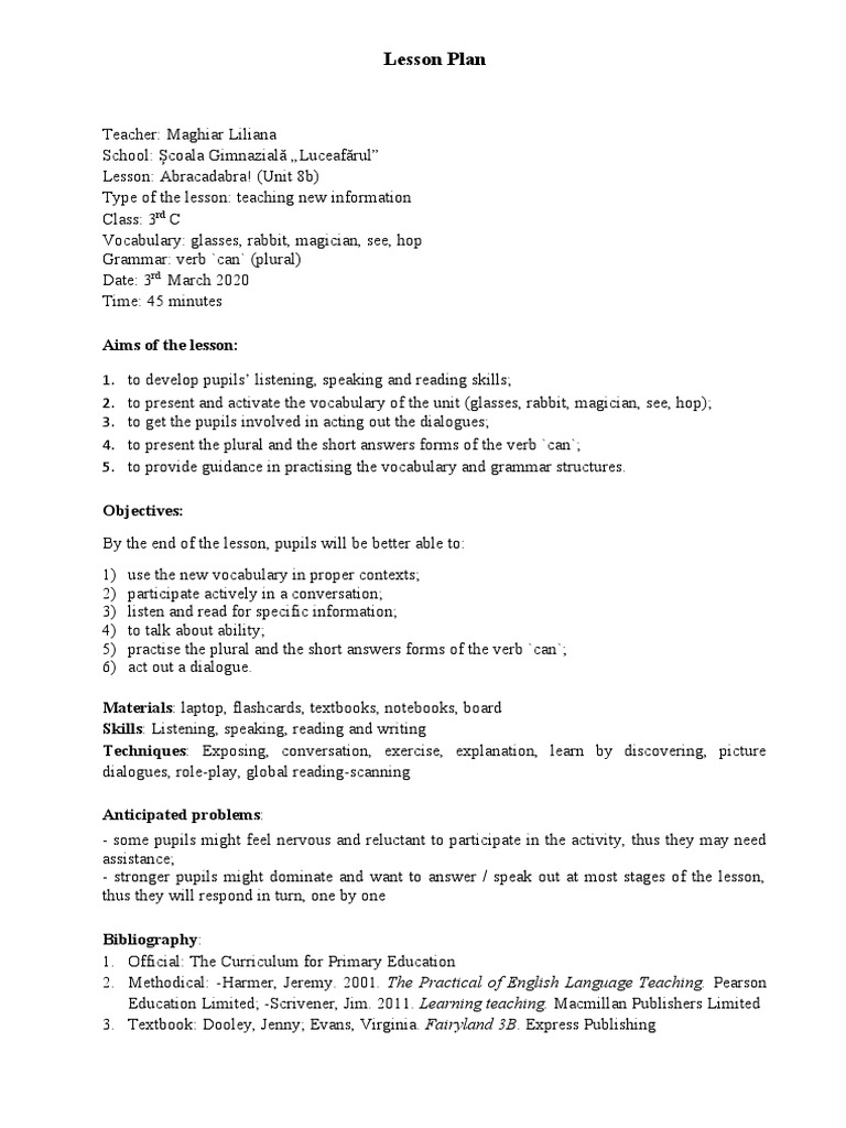 LESSON PLAN - Grade 3, Unit 8B - Abracadabra! | PDF | Vocabulary | Teachers