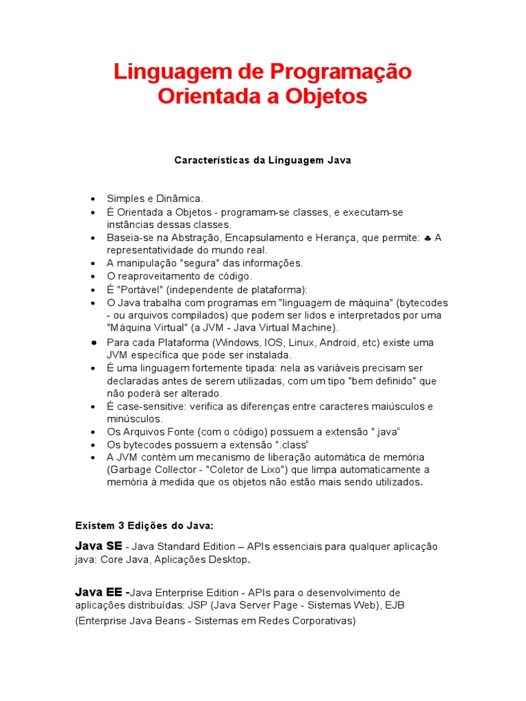 Linguagem De Programação Orientada A Objetos Resumo Pdf Classe