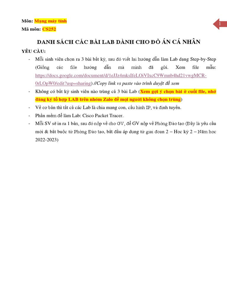 Danh Sách Lab Dành Cho Đ Án Cá Nhân | PDF
