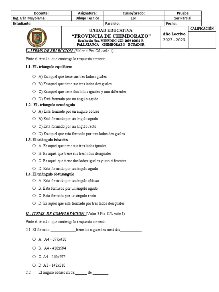 Prueba dibujo tecnico 1ro BT(1) | PDF | Triángulo | Objetos geométricos