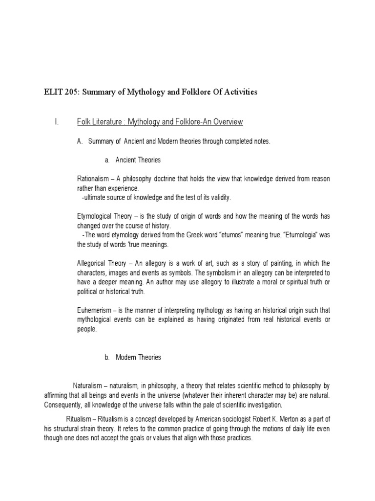 Mythology and Folklore Summary | PDF | Folklore | Theory