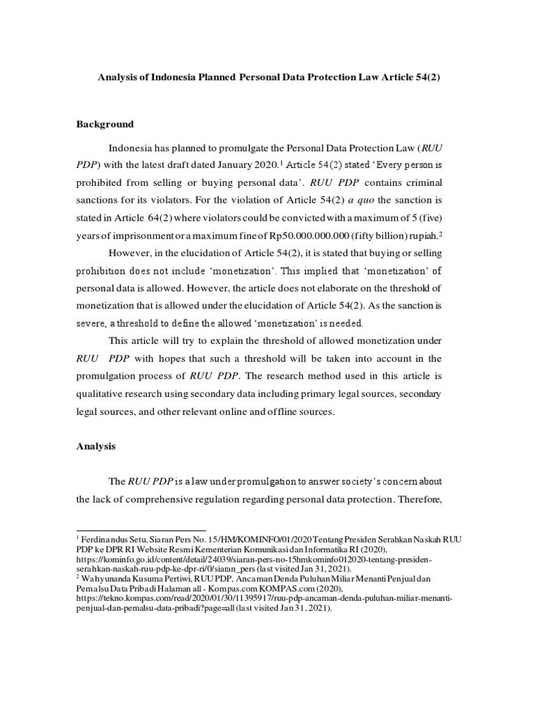 Analysis Of Indonesia Planned Personal Data Protection Law Ruu Pdp Article 54 Pdf