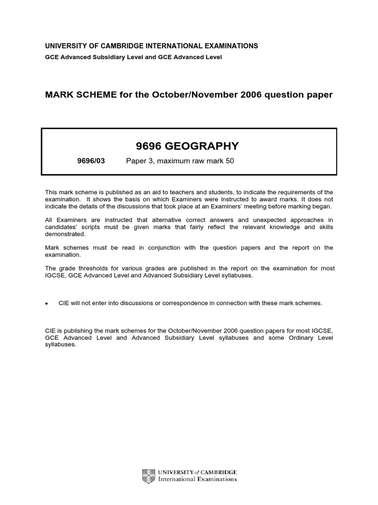 9696 Geography: MARK SCHEME For The October/November 2006 Question ...