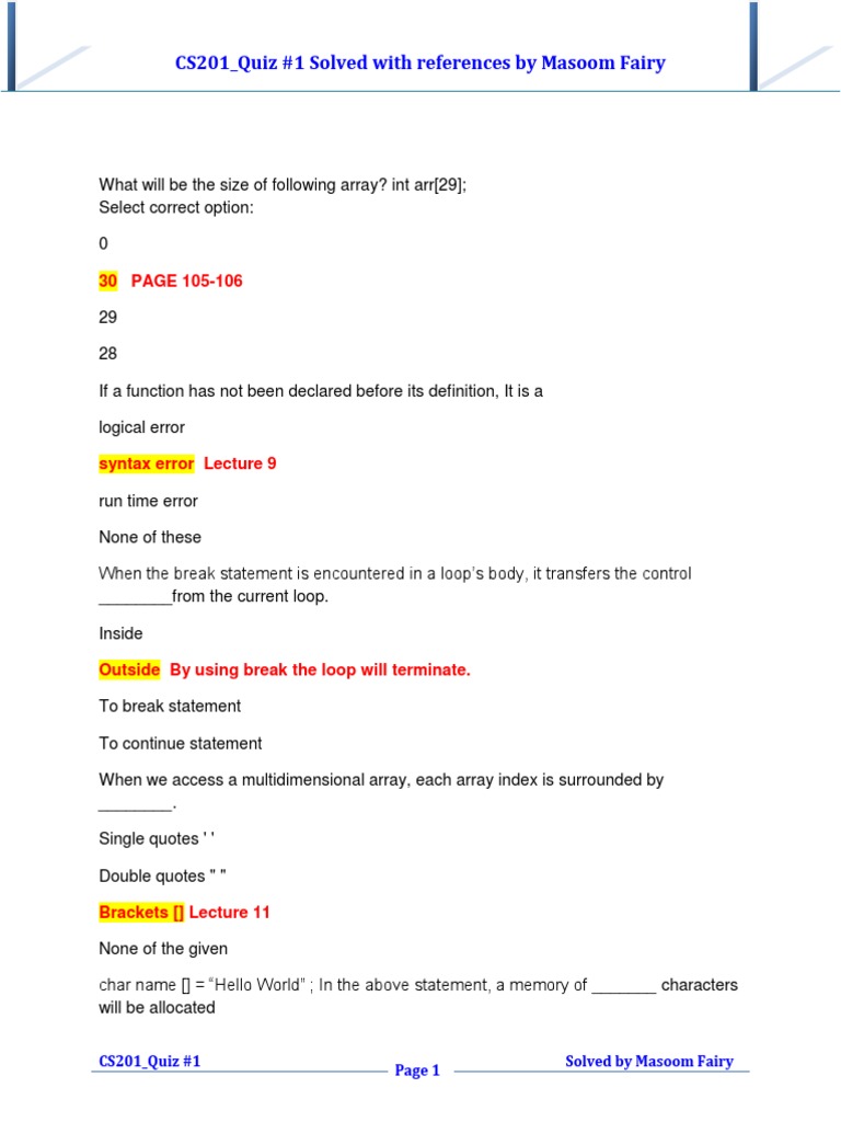 Cs201 Midterm Solved Quiz 1 Fall 2014 Pdf Parameter Computer Programming C Programming