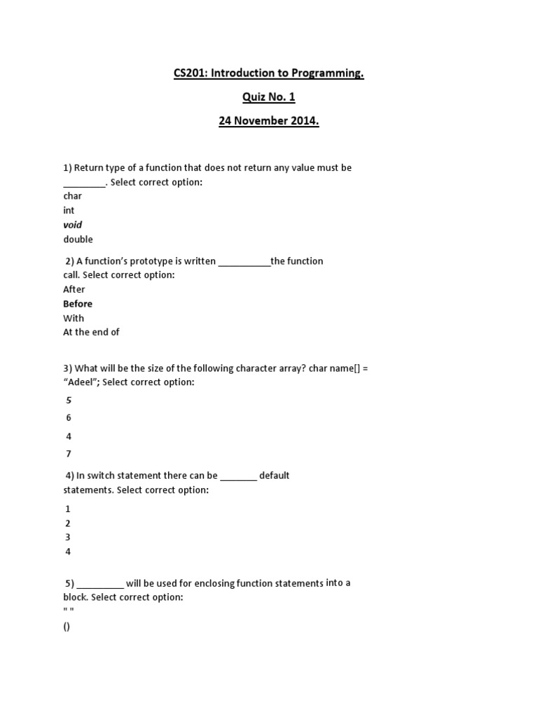 CS201 Programming Quiz Questions | PDF | Teaching Methods & Materials | Technology & Engineering