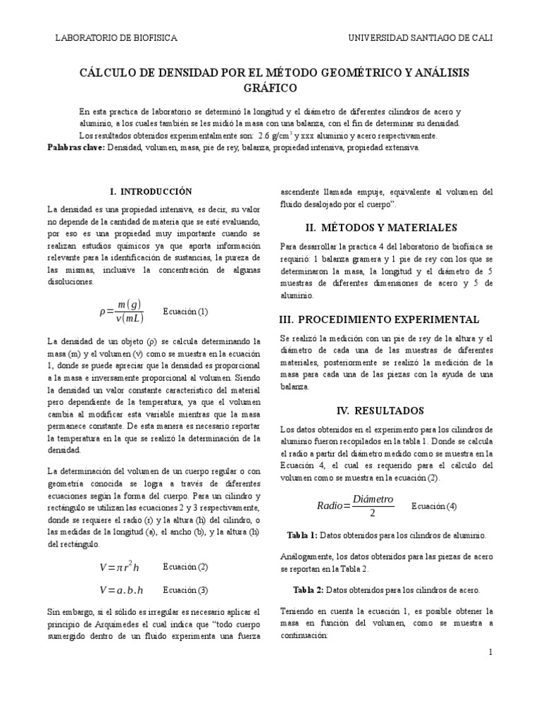4 Informe De Laboratorio 4 Densidad Pdf Ecuaciones Densidad