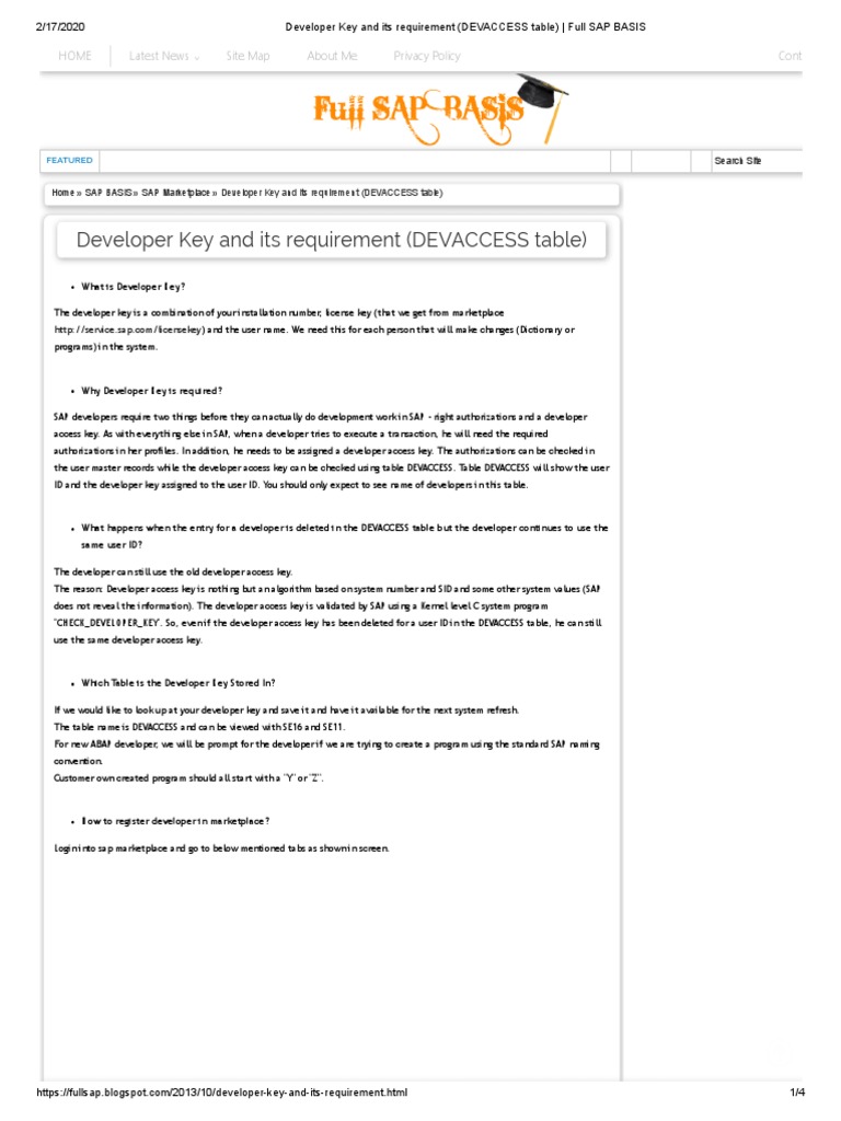 DEVACCESS Developer Key and Its Requirement (DEVACCESS Table) - Full SAP BASIS | PDF