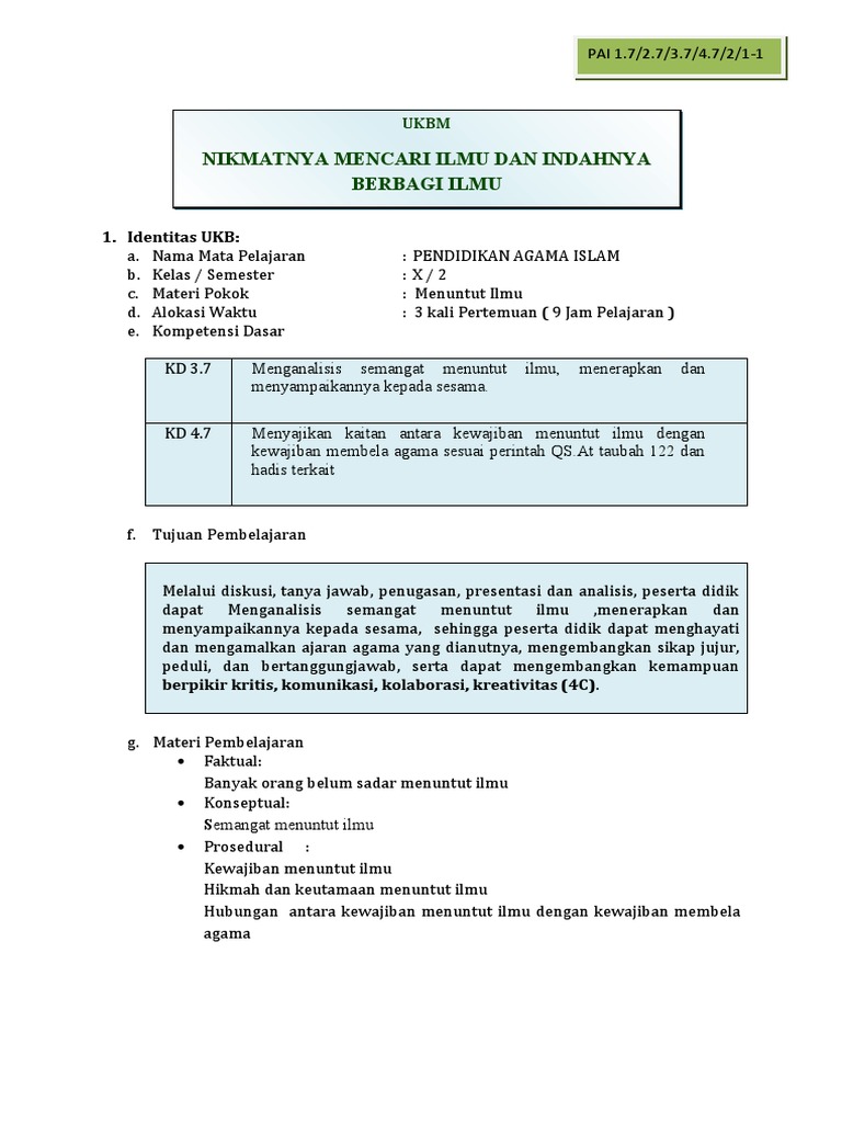 3.7 Ukbm Pai KLS X SMT 2 Menuntut Ilmu | PDF | Agama & Spiritualitas
