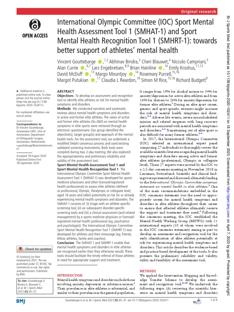 Gouttebarge - International Olympic Committee Sport Mental Health Assessment Tool 1 and Sport ...
