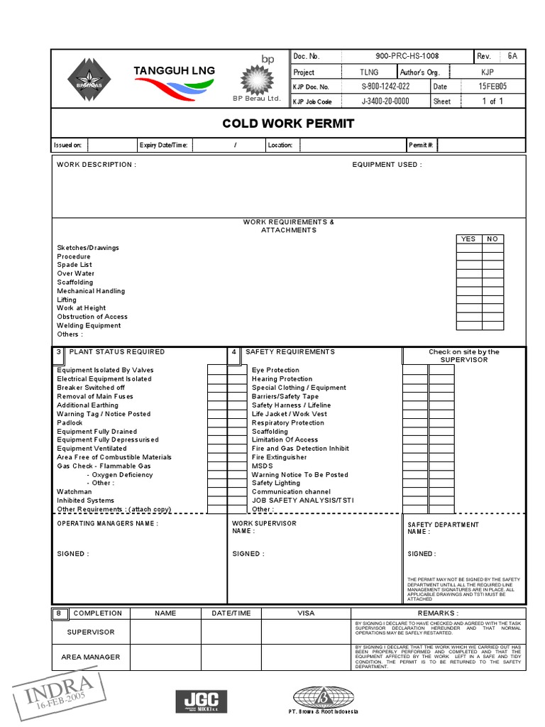S-900-1242-022_6A_005_A4(COLD WORK PERMIT) | PDF | Equipment | Safety