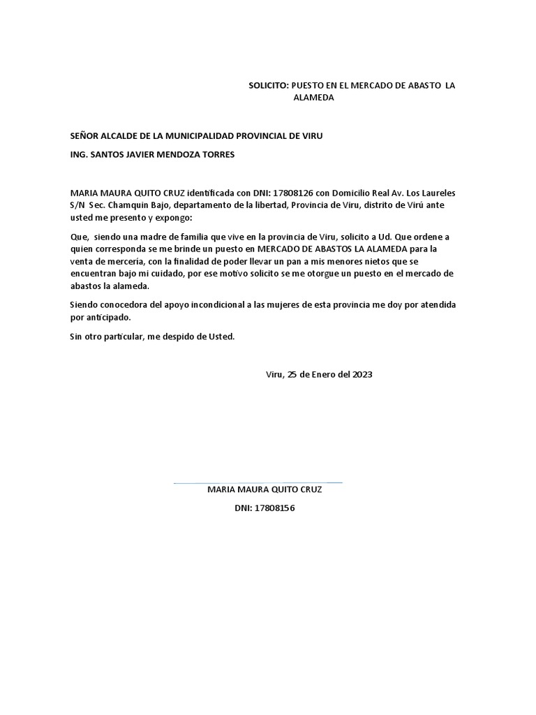 Solicito Puesto en El Mercado | PDF