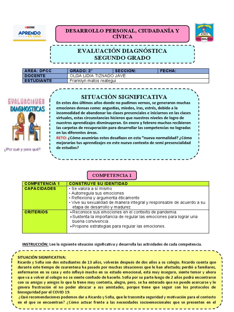 Evaluación Diagnóstica 2° Dpcc Pdf Las Emociones Mediación 1091