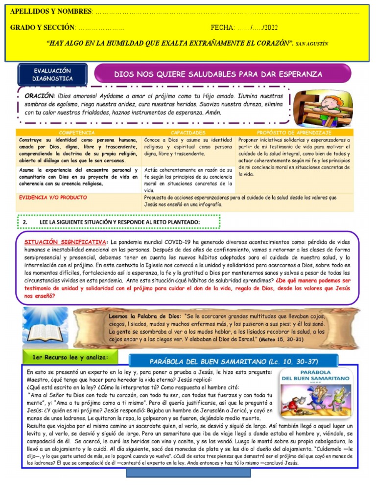 Evaluación Diagnóstica Ed. Religiosa Sta Edelmira | PDF