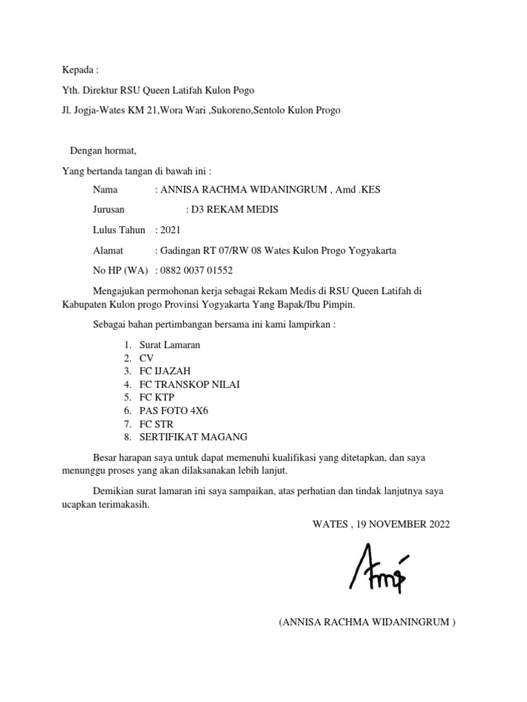 Lamaran Rsu Queen Latifah - Staff Rekam Medis - Annisa Rachma W | PDF