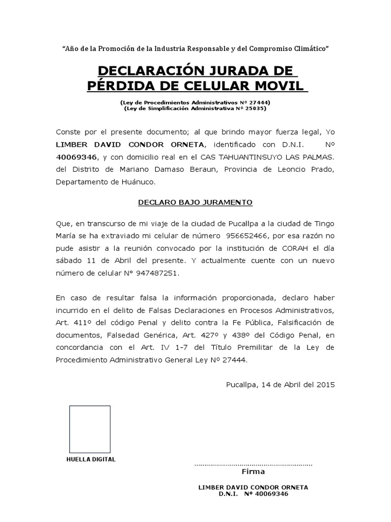 Declaración Jurada Perdida de Celular | PDF