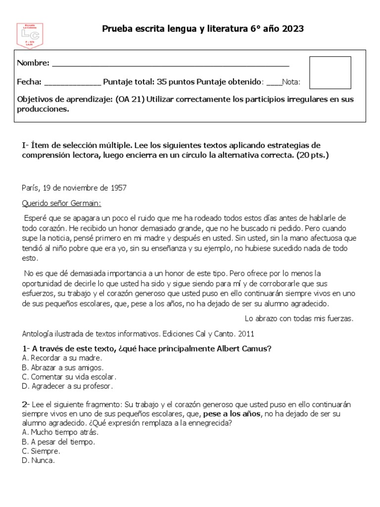 Prueba Escrita Lengua y Literatura 6 2023 2 | PDF