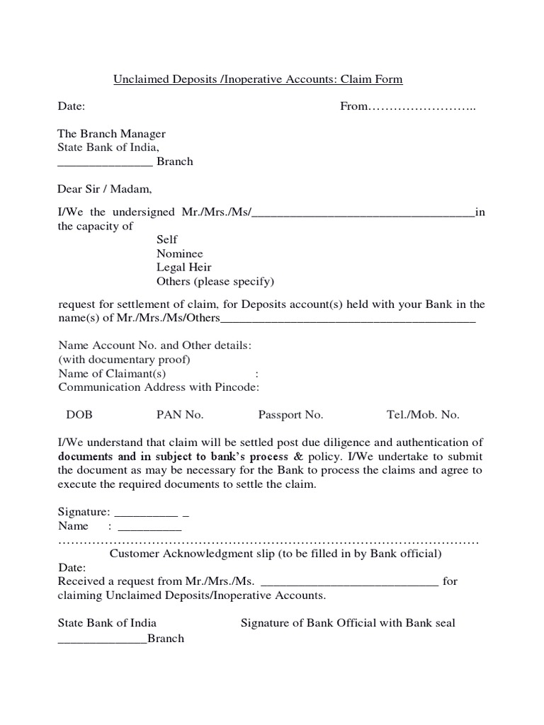 SBI CLAIM FORM Unclaimed Deposits | PDF | Law