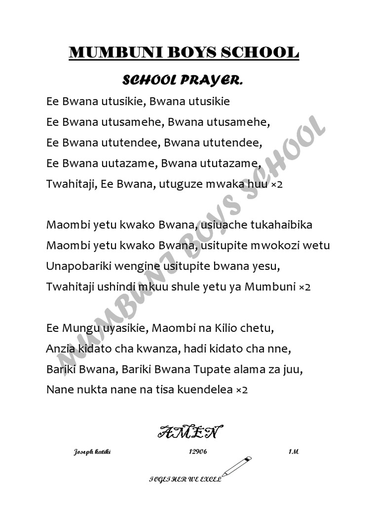 Mumbuni Boys School School Prayer | PDF | Self-Improvement | Wellness