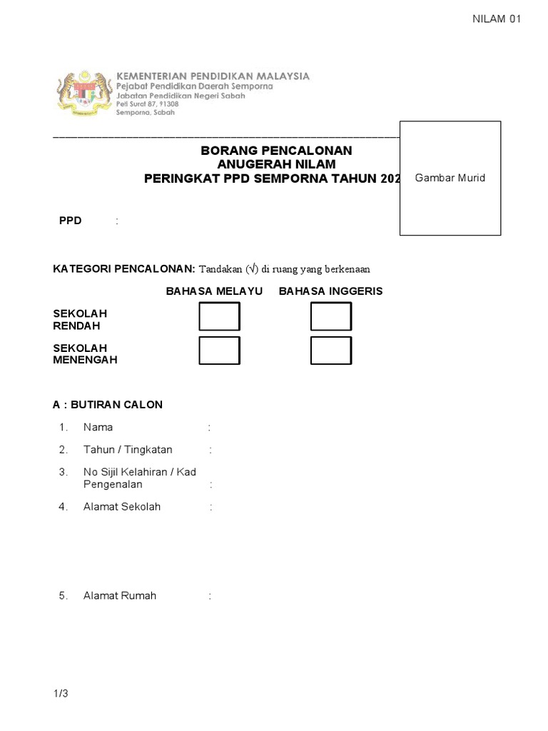 2.NILAM 01 - Borang Pencalonan Anugerah | PDF 2.NILAM 01 - Borang Pencalonan Anugerah | PDF