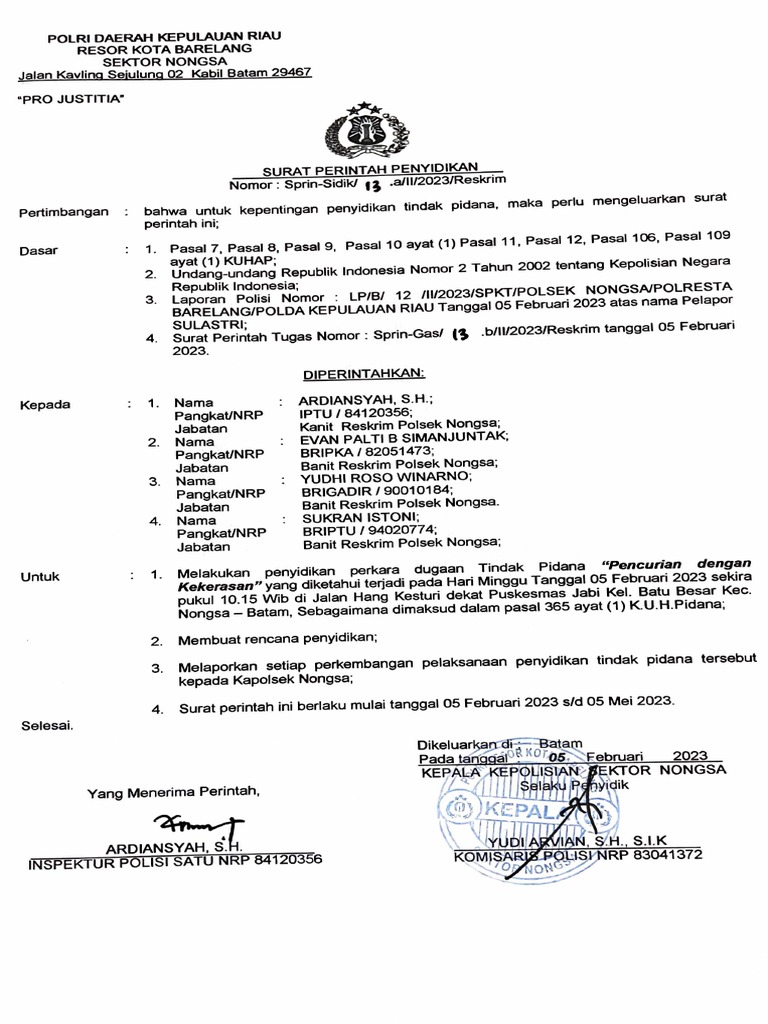 Format Surat Perintah Penyidikan Perkaba Mindik Nomor 1 Tahun 2022 | PDF