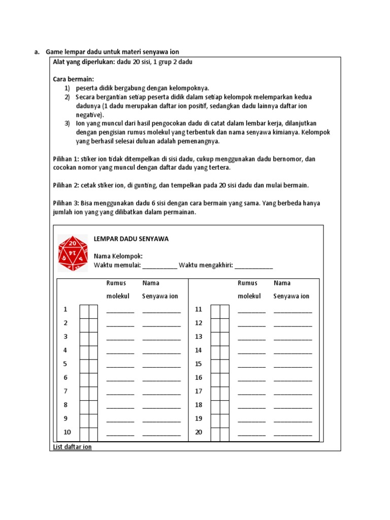 Game Lempar Dadu Untuk Materi Senyawa Ion | PDF