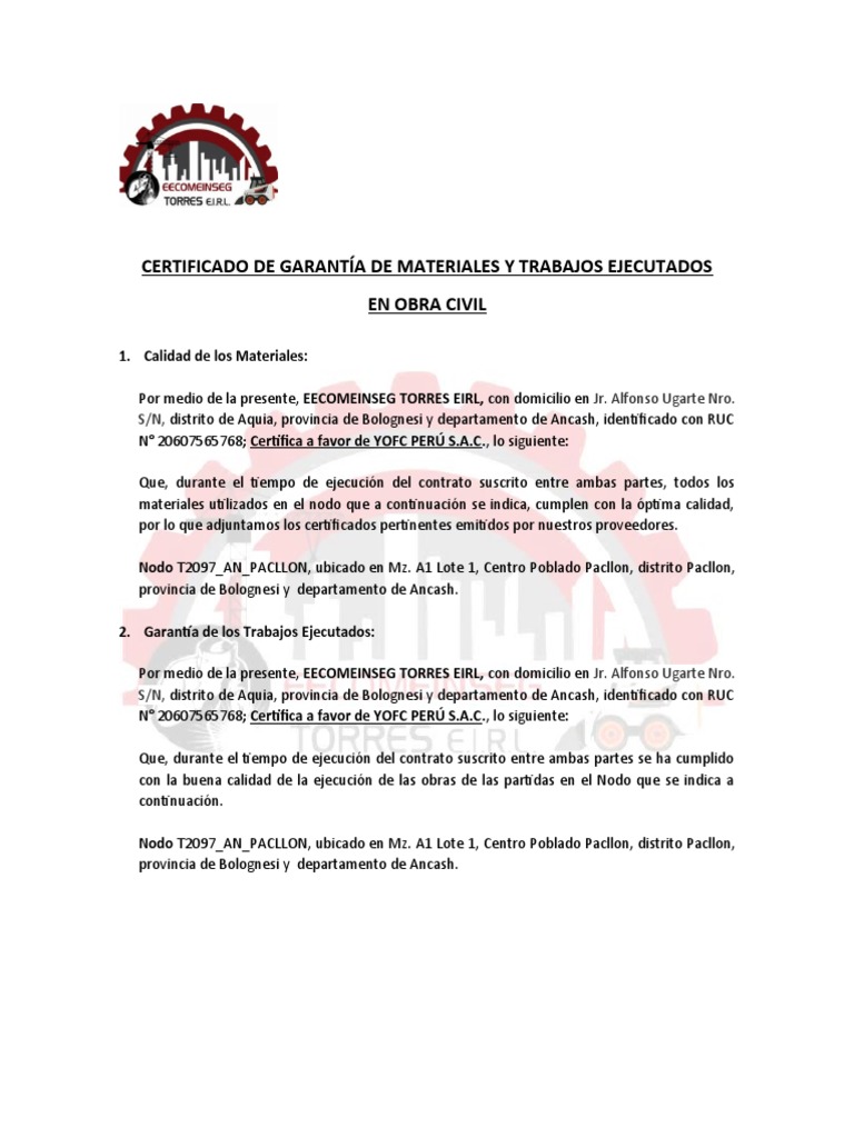 Certificado de Garantía de Materiales y Trabajos Ejecutados | PDF
