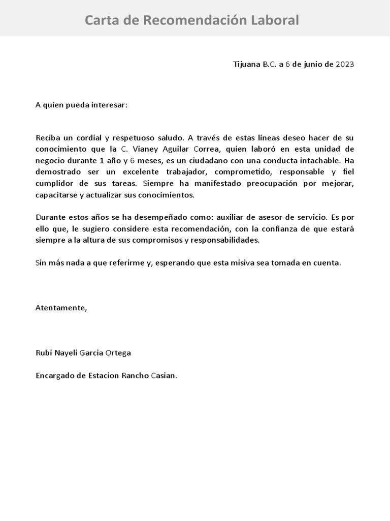 Carta Trabajo Laboral | PDF