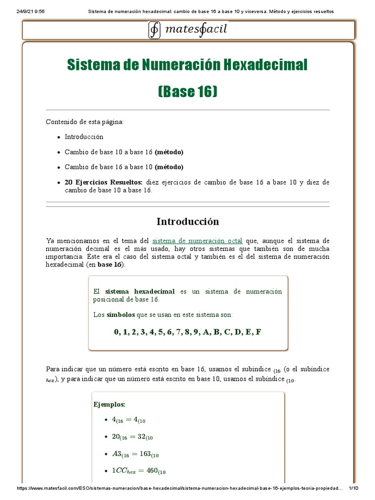 Sistema de Numeración Hexadecimal - Cambio de Base 16 A Base 10 y ...