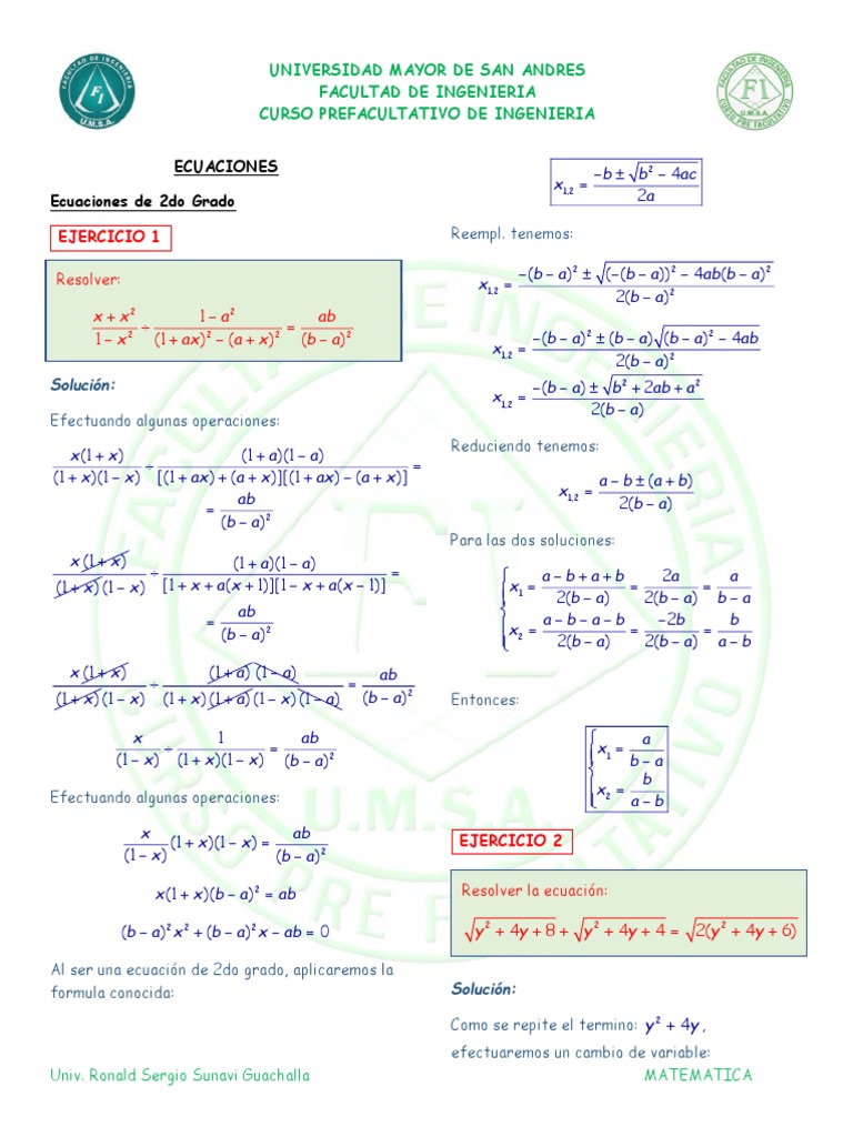 04 Ejercicios (ECUACIONES, EC. DE 2DO GRADO, SIST. DE ECUAC.) (1) | PDF | Ecuaciones | Análisis ...