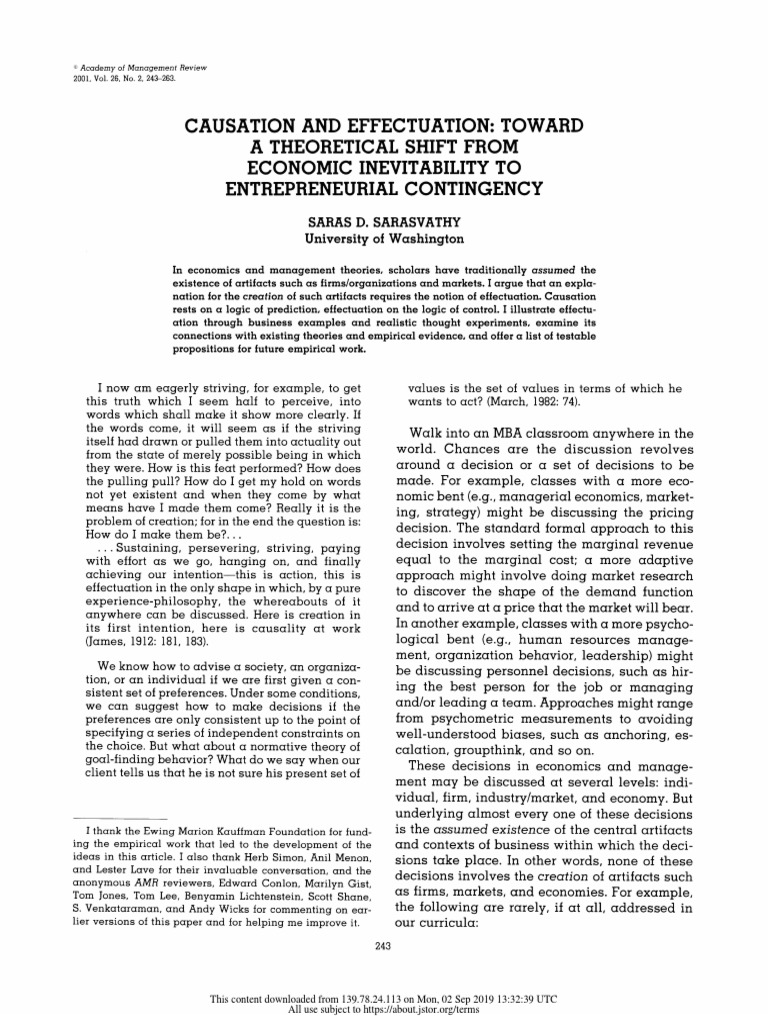 sarasvathy_2001_causation_and_effectuation | PDF | Causality | Marketing