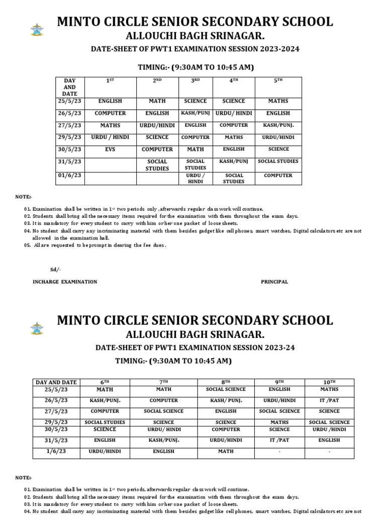 Minto Circle School PWT1 Exam Schedule | PDF | Science