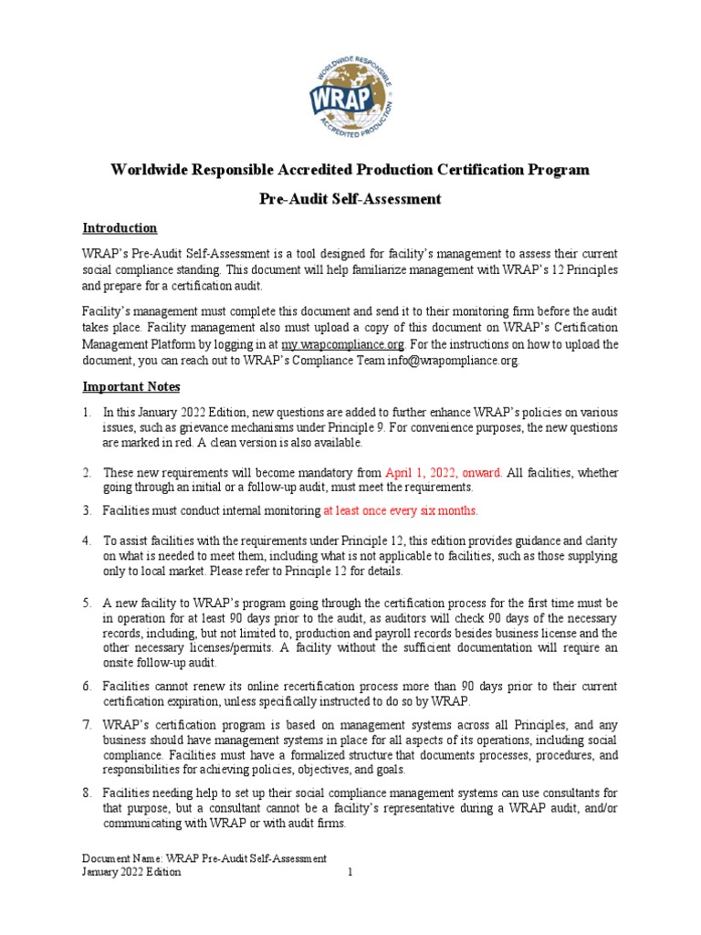 WRAP Pre Audit Self Assessment January 2022 Edition English Protected ...