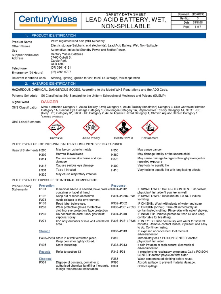 Centurion Lead Acid Battery, Wet, Non Spillable Sds 01898 03042018 ...