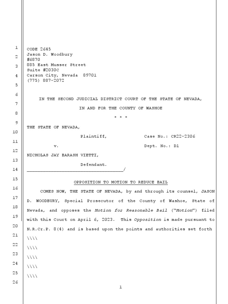 Court Document: Opposition To Motion To Reduce Bail | PDF | Bail | Arrest