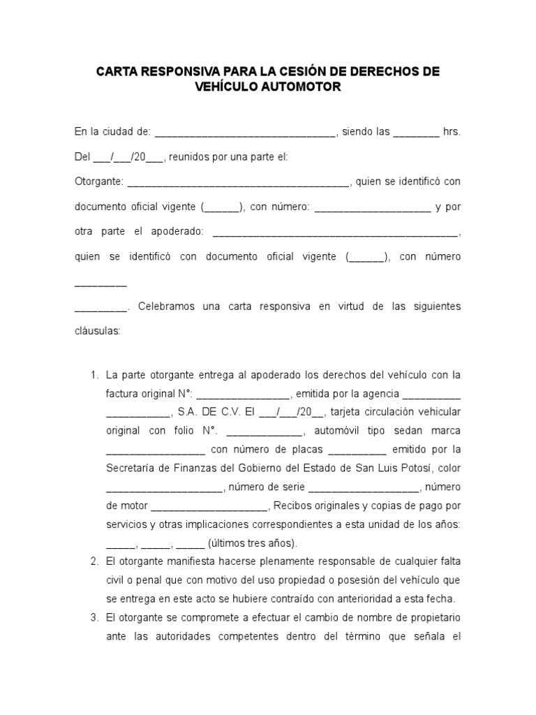 Carta Responsiva para La Cesión de Derechos de Vehículo Automotor | PDF ...