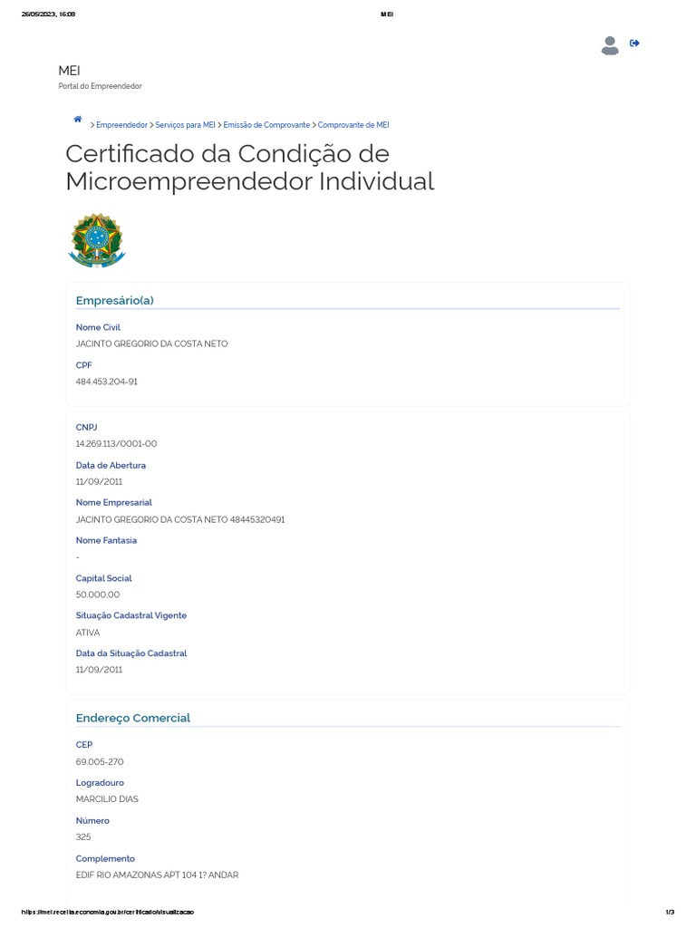 Certificado Da Condição de Microempreendedor Individual: Empresário (A ...