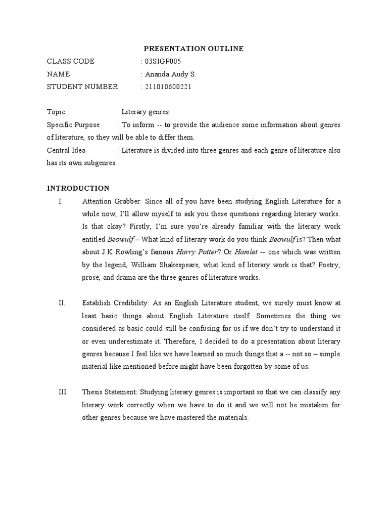 Literary Genres Outline | PDF | Genre | Poetry