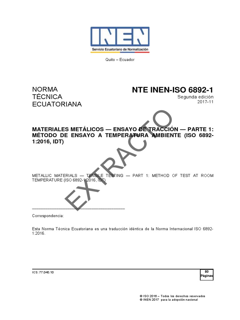 Nte Inen Iso 6892-1 | PDF | Organización internacional para la estandarización | Metrología