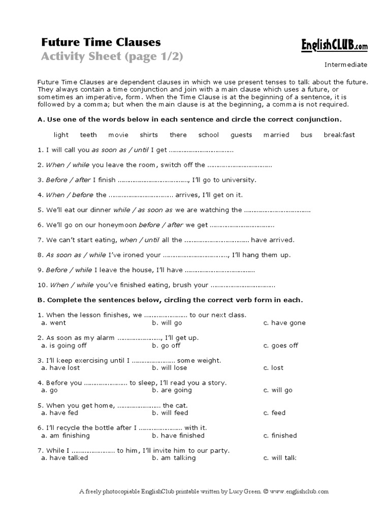 Future Time Clauses Activity | PDF | Language Mechanics | Syntax