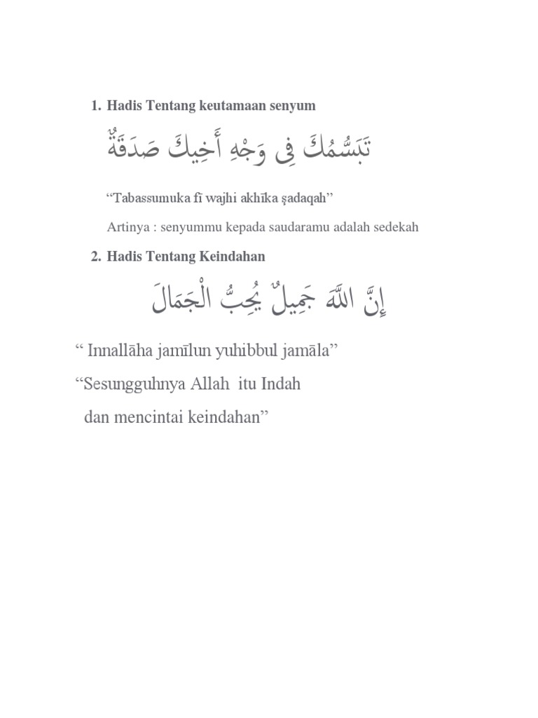 Hadis Tentang Keutamaan Senyum Dan Hadis Tentang Keindahan | PDF