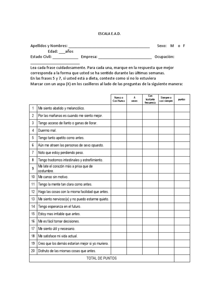 Test de Zung Ansiedad-Depresion | PDF