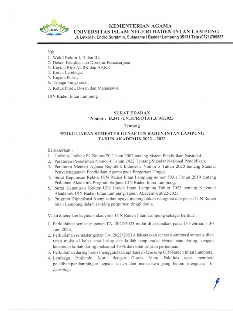 Surat Edaran Perkuliahan Perkuliahan Semester Genap UIN RIL | PDF